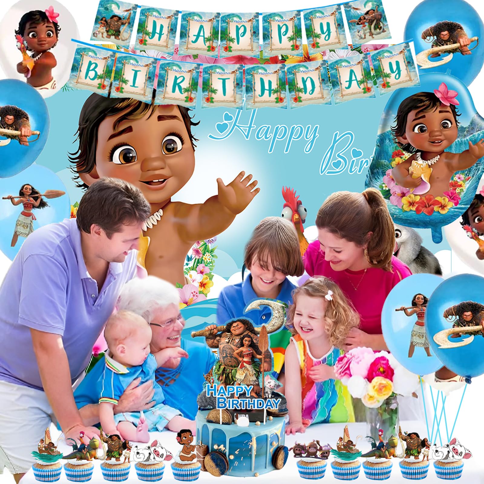52PCS Moana Themed Party Supplies Include Moana Birthday Banner, Moana Balloons,Cake Toppers