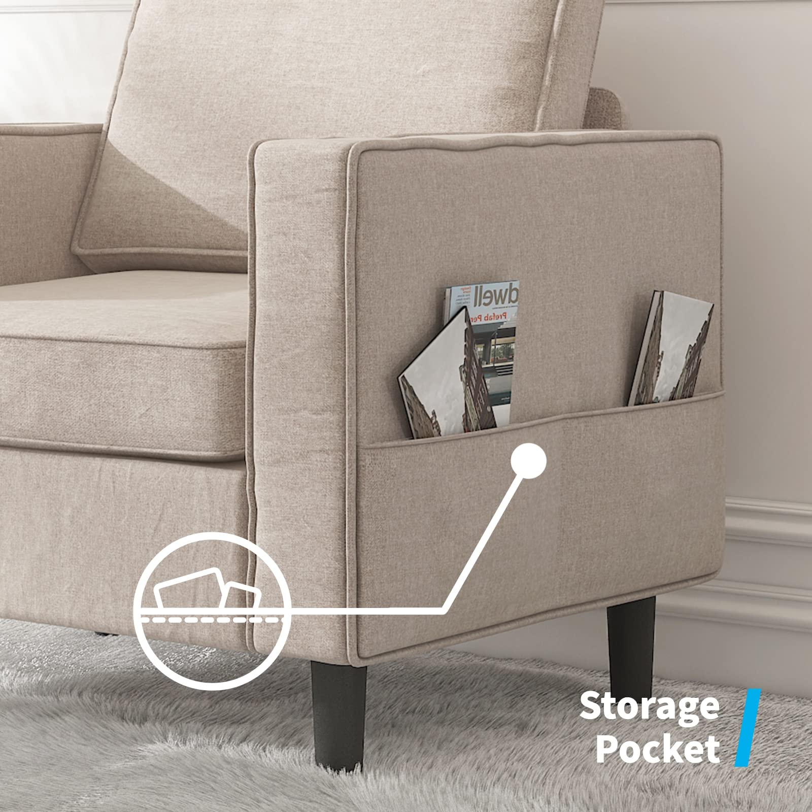 Mjkone Loveseat Sofa with 2 Storage Side Pocket, 54.7'' Modern Fabric Love Seats, Easy Assembly/High Resilience Sponge/Real Wooden Frame and Solid Wood Sofa Legs(Beige, Loveseat)