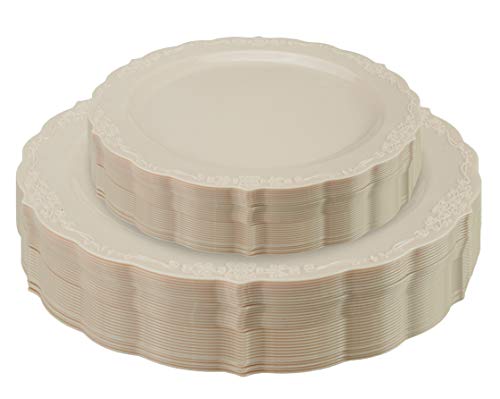 80 Pcs Cream Plastic Party Plates Set - 40 Large 10.25 in Dinner Plates - 40 Small 7.5 in. Salad/Dessert Plates - Heavy Duty Disposable China - Fancy Caterers Victorian Design - Bpa Free (Cream)