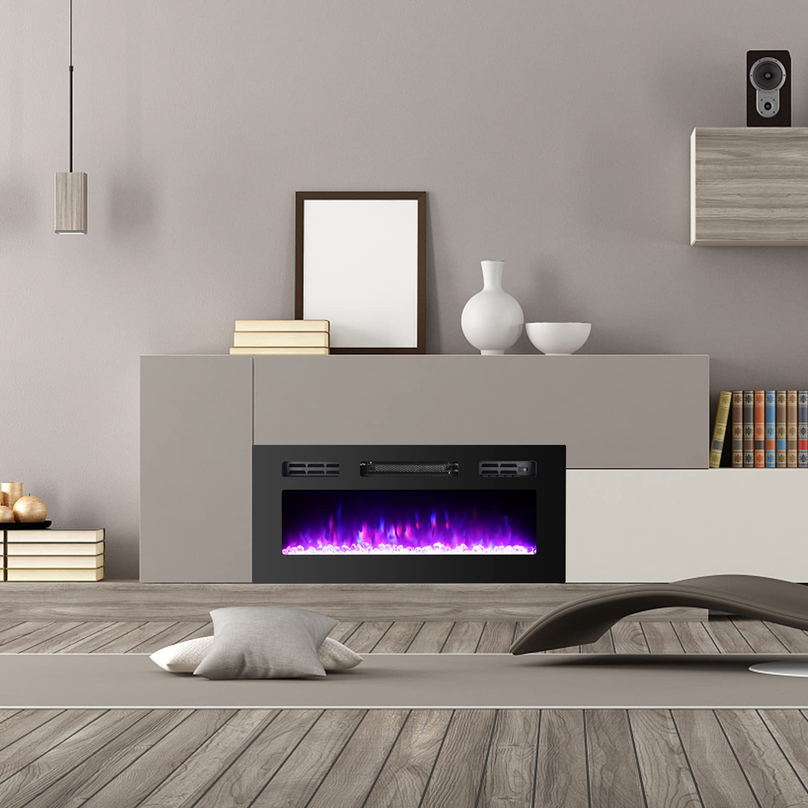 36" Electric Fireplace Insert 750/1500W Stove Heater with Recessed Mounted, 3 Colors Flame, 5 Levels Adjustable Flame Brightness, Timer Setting, Remote Control Fireplace Heater 18" H