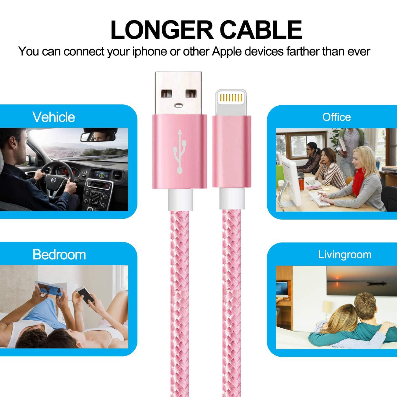 sharllen iPhone Charger Cord iPhone Lightning Cable 3/3/6/6/10FT 5Pack Nylon Braided USB Fast iPhone Charging Cable&Syncing Long Cord Compatible iPhoneXs/Max/XR/X/8/8P/7/7P/6/5/iPad/iPod (Rose Gold)