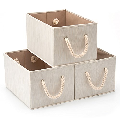 EZOWare Set of 6 Large Storage Bins Foldable Fabric Organizer Boxes with Cotton Rope Handle, Collapsible Basket for Closet, Baby Toys, Diaper - Beige