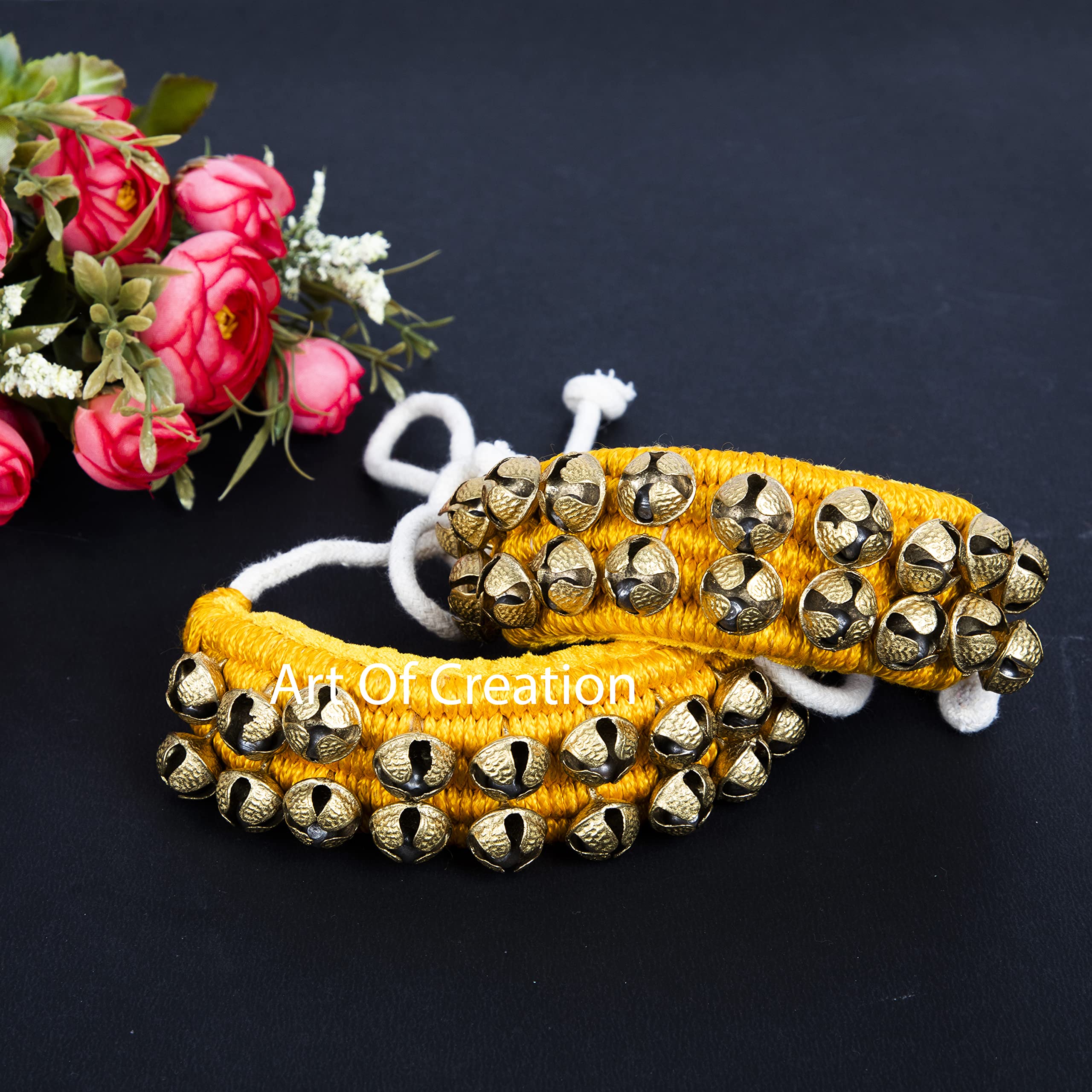 Art Of Creation Dancing Ankle Kathak Ghungroo Pair 40 Bells 2 Lines Handmade Musical Instrument Classical Bharatnatayam Kuchchipudi (Yellow Padded 40 Bell)