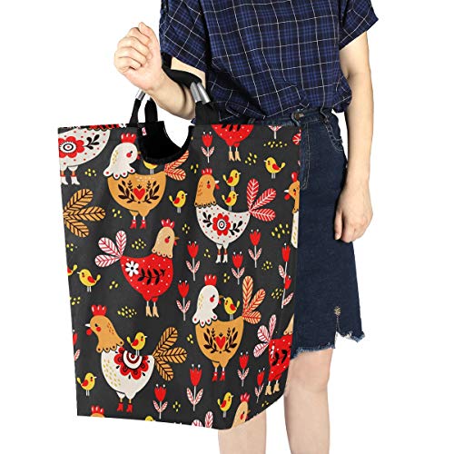 MOYYO Cute Rooster Chickens Laundry Basket Collapsible Laundry Hamper Fabric Laundry Bin Large Dirty Clothes Basket with Durable Handles for Kid Room Toy Bin Bathroom Clothing Organizer