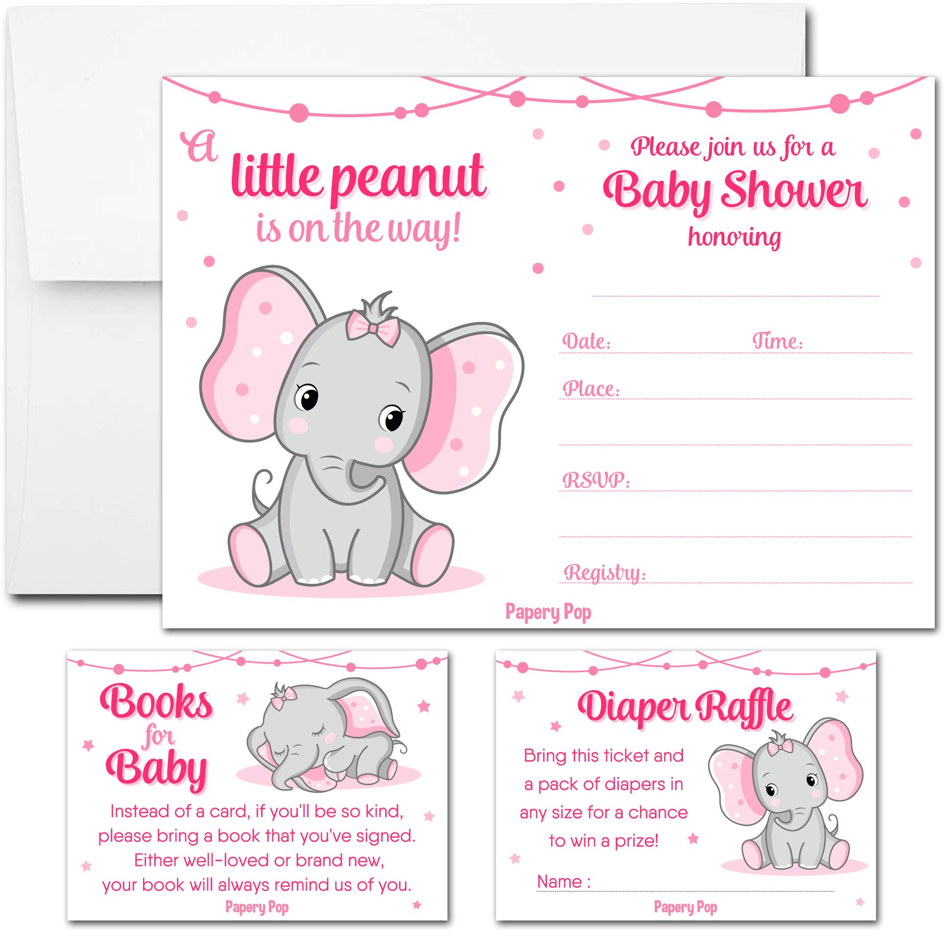 Set of 25 Baby Shower Invitations for Girl with Enveloppes, Diaper Raffle Tickets and Baby Shower Book Request Cards - Elephant