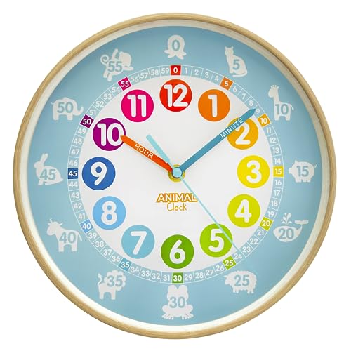 Animal Preschool Clock - Time Teacher 10 Inch Educational Silent Wall Clock with Wood Look Frame - Easy to Read Dial for Teacher's Classrooms, Preschooler's Bedroom & Children Playroom