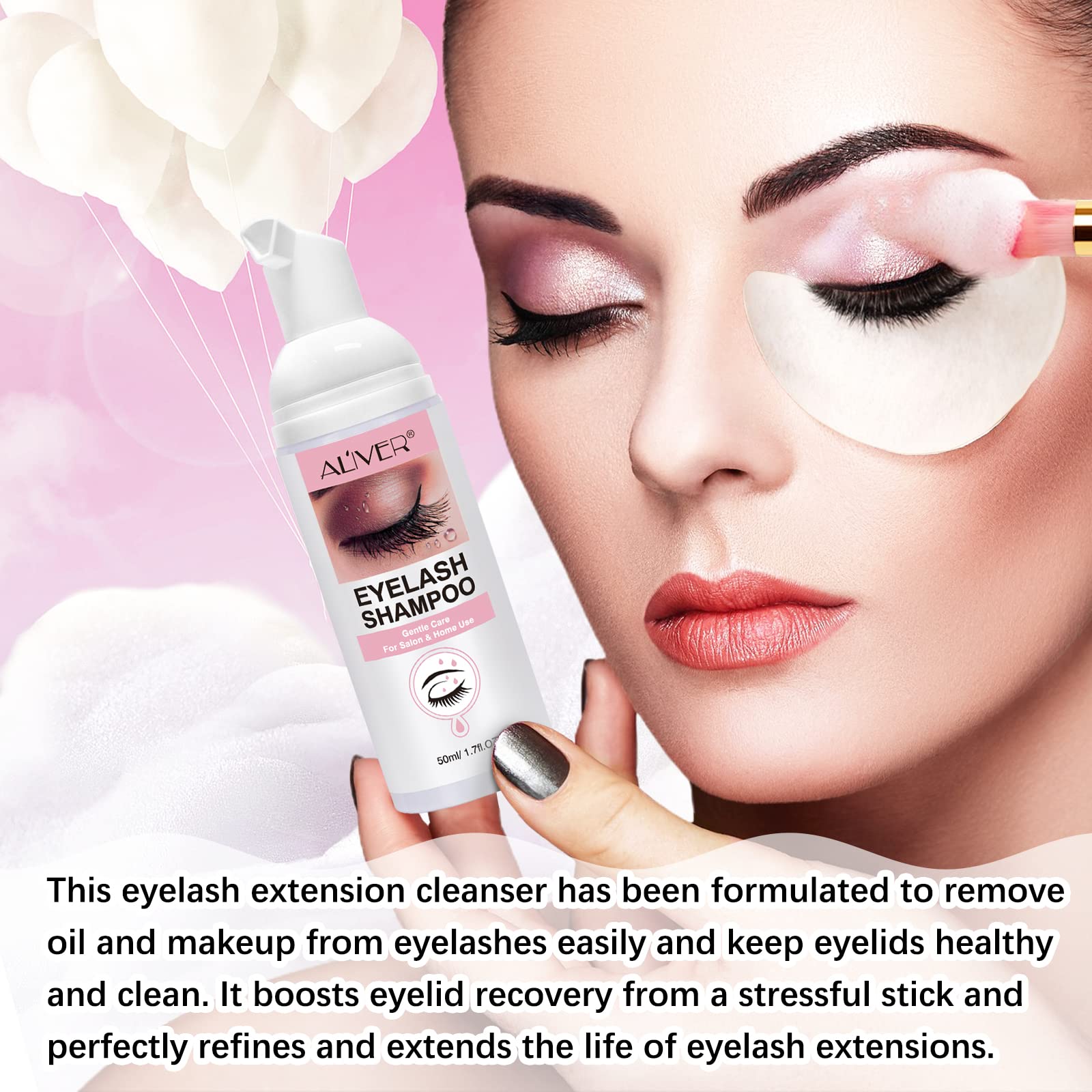 50ml Eyelash Foam Shampoo +10 Pcs Hydrogel Eye Patches+Mascara Brush + Cleaning Brush+ Rinse Bottle, Gentle & Friendly Lash Cleanser, Lash Bath, Eyelash Makeup Clean Just Needs 1-2 Minutes (Set A)