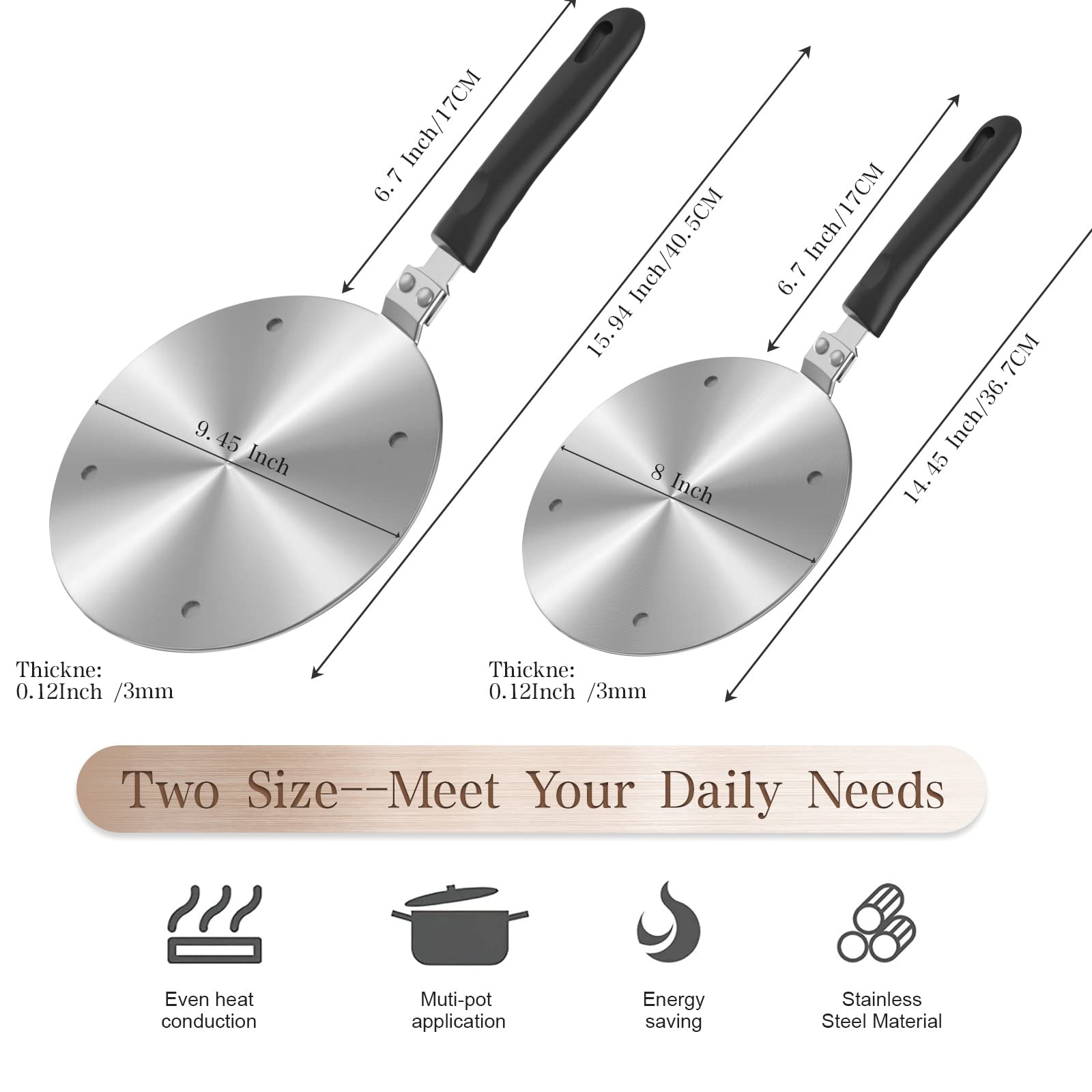 9.45Inch Heat Diffuser Plate for Gas Stove, Stainless Steel Induction Adapter Plate with Removal Handle for Stovetop Glass Cooktop Itallian Coffee Maker Converter (24CM