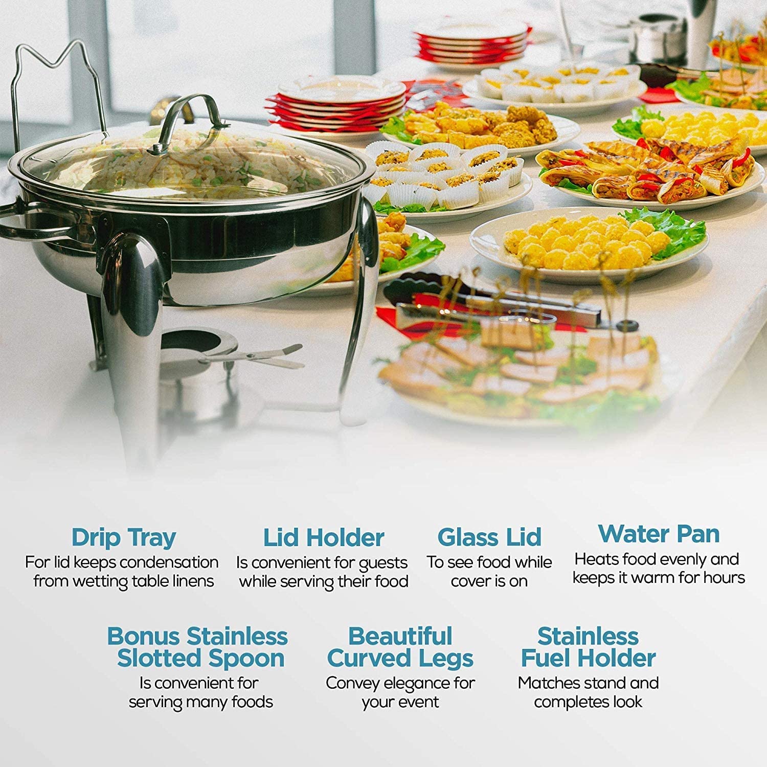 4 Quart Round Stainless Steel Chafing Dish with Bonus Slotted Spoon and Drip Tray for Lid| Keeps linens Dry | for Wedding, Graduation, Events, Parties | Sterno Holderā¦