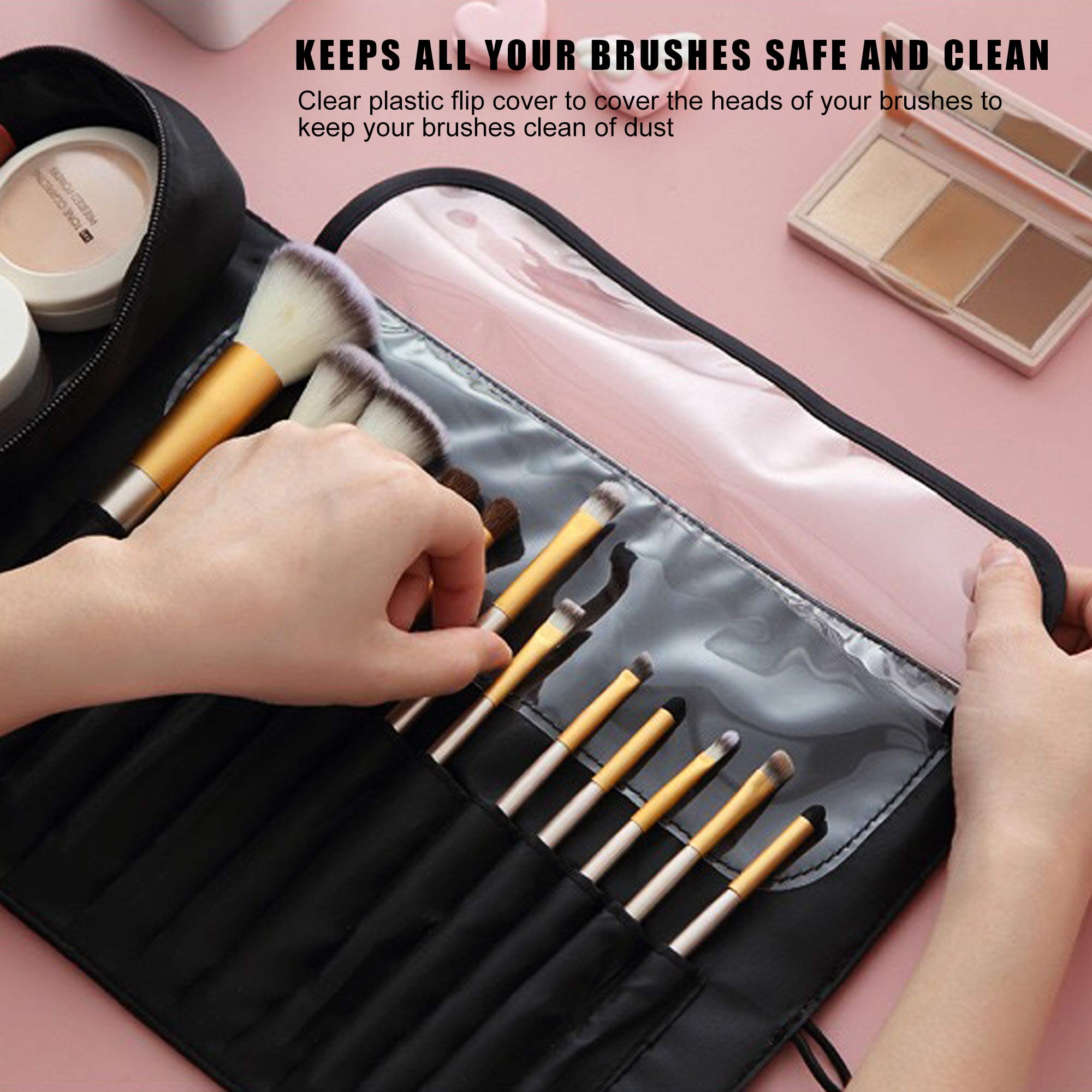 Longjet Makeup Brush Organizer Case Portable Roll Travel Accessories with Brushes Holder Dividers and Cosmetics Storage Bag (A, Black)