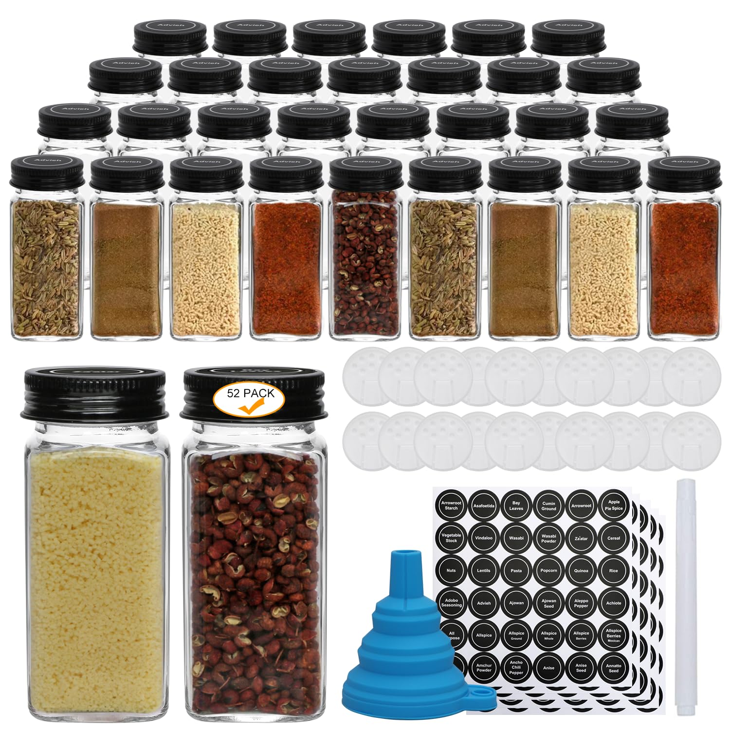 Accguan Spice Jars,4oz Glass Spice Bottles with Black Lids,Spice Labels and Stylus and Funnel, Perfect for Kitchen Countertop Storage,Cabinet Storage, Dining Room, and Gifts(52pcs)