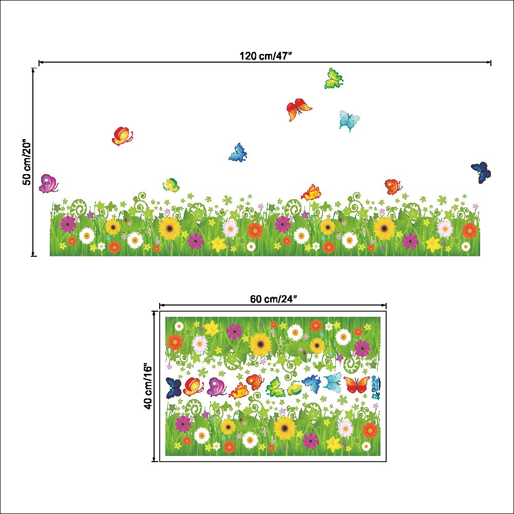 Amaom® Removable Beautiful Green Sunflower Flowers Grass with Flying Butterfly Wall Decals Murals Home Art Decor Peel Stick Wall Stickers for Wall Corner Kids Room