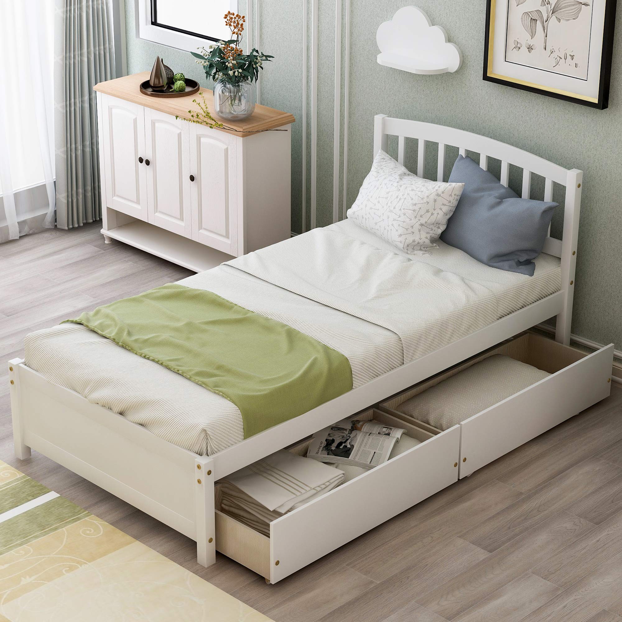 Harper & Bright Designs Twin Storage Bed, Twin Size Platform Bed with 2 Drawers, Wooden Twin Bed with Headboard & Slat Support, No Spring Needed, Twin Bed for Boys, Girls, Teens, Adults(White)