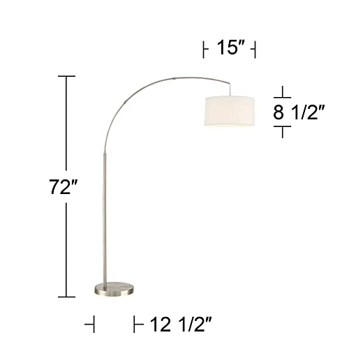 360 Lighting Cora Modern Arched Task Floor Lamp Standing 72" Tall Brushed Nickel Silver Off White Linen Fabric Drum Shade for Living Room Reading House Bedroom Home Decor