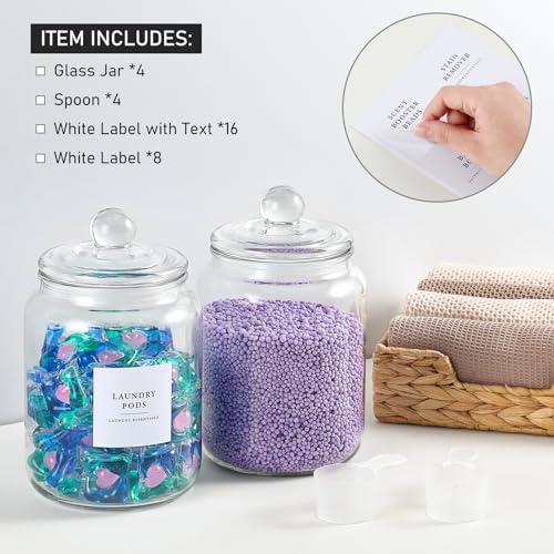 4 Pack Glass Jars with Lids and Labels, Glass Containers for Laundry Room Organization and Storage, Half Gallon Airtight Glass jars Holder for Laundry Detergent, Pods, Scent Booster Beads, 4 Spoons
