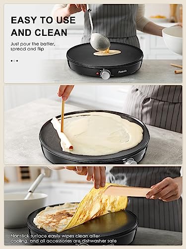 Crepe Maker Machine, Reemix Compact Pancake Griddle Precise Temperature Control, Nonstick 12β Electric Griddle, Batter Spreader for Eggs, Pancakes, Omelets and Quesadillas, Includes Spatula, Spreader