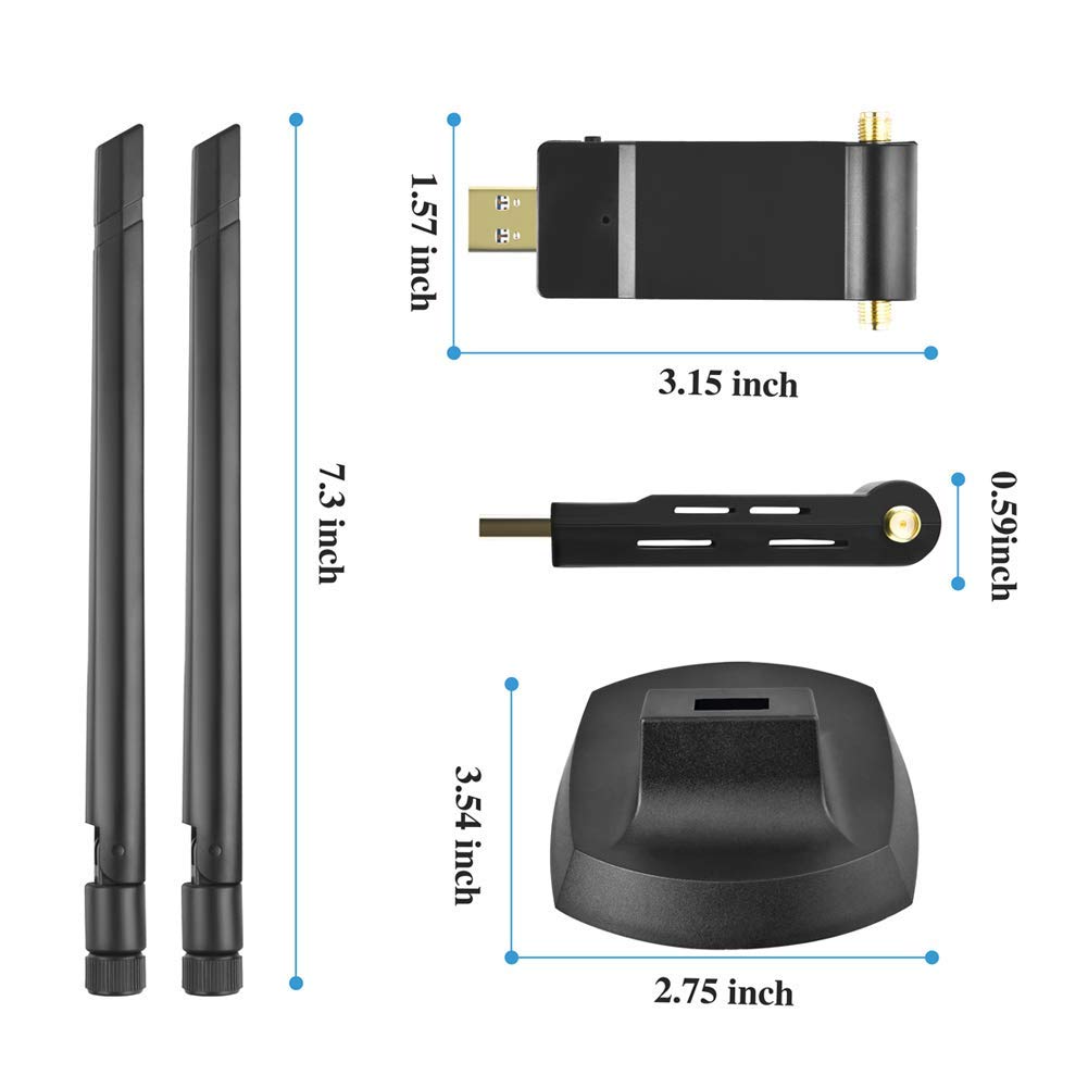 USB WiFi Adapter, 1200Mbps Dual Band 2.4GHz/300Mbps 5.8GHz/867Mbps High Gain 5dBi Antennas USB 3.0 Wireless Network Adapter for PC Desktop Laptop with Windows 10/8/7/XP/Vista, Mac OS, Linux