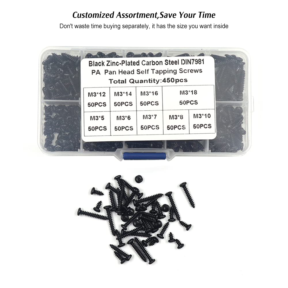450Pcs M3 Flat Head Wood Screws Assortment Fasteners Kit, Self Tapping Screws Assortment Set, Countersunk Head Self-Tapping Screws,Carbon Steel