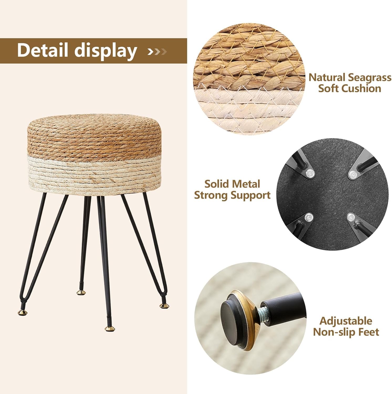 ALeesing Makeup Vanity Stool, Hand Weave Natural Seagrass Footstool Ottoman, Foot Rest Dressing Stool with Metal Leg, Modern Multifunctional Vanity Stools Chair, White