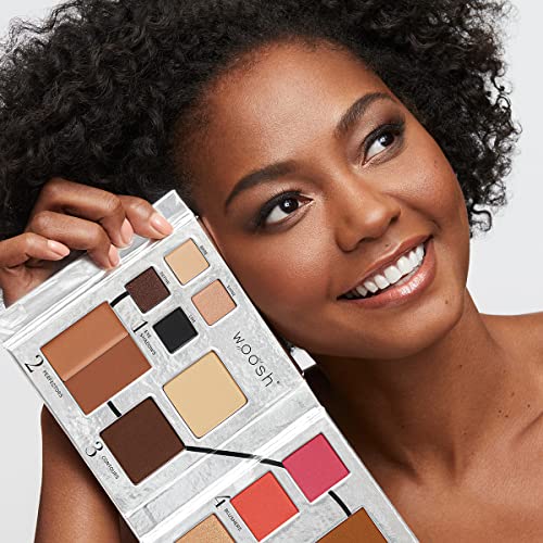 Woosh Beauty, Fold Out Face Palette w/Secret Brush, Travel, All in One, Neutral Cream & Powder Kit, 4 in 1 Nested Makeup Brush (#5 Deep)