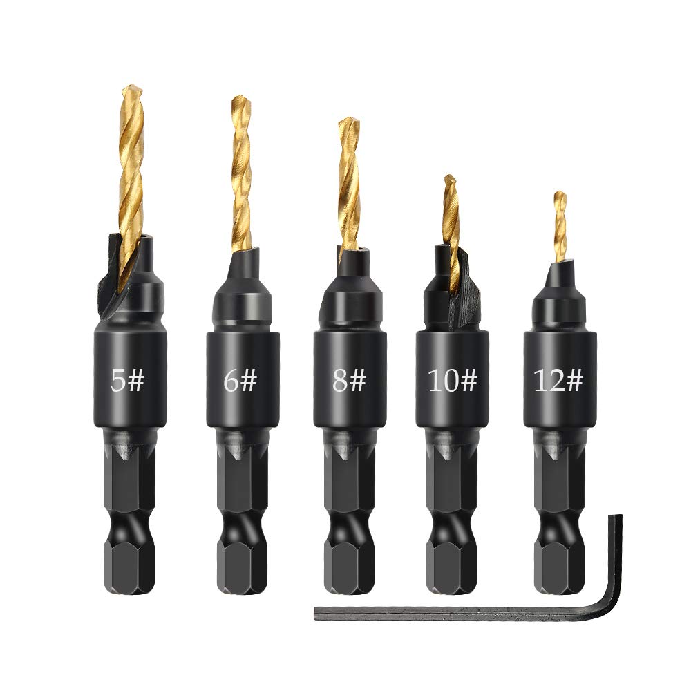 Countersink Drill Bit Set, 1/4 inch Hex Shank Countersink Drill Bit, Power Tools Accessories for Plastic, Metal, Woodworking Tool by Power Drill 5Pcs/Set #5, 6, 8, 10, and #13 (Gold)