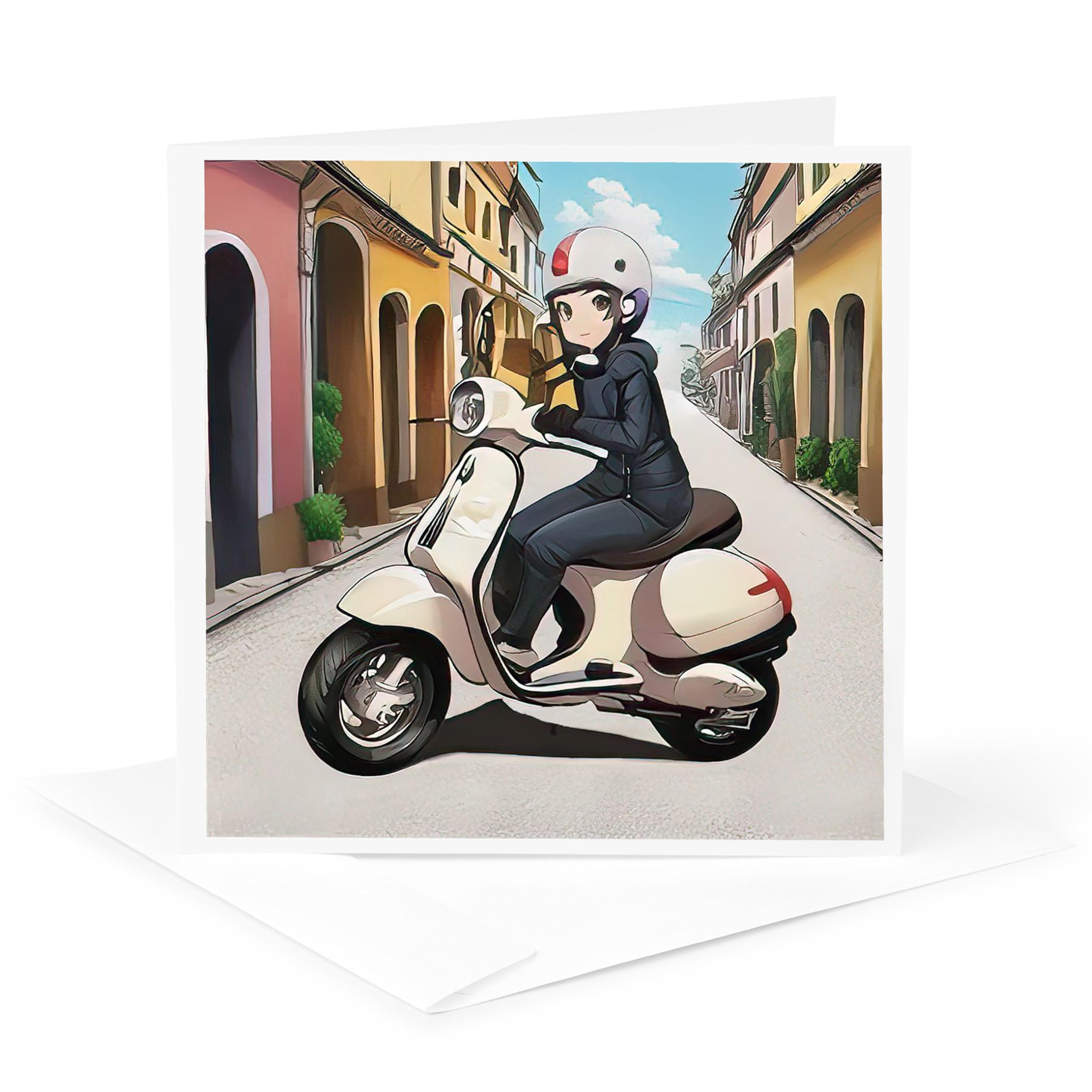 3dRose Greeting Card - A funny cartoon boy in helmet drives white scooter. Funny digital art - Alexis Design - Transport Scooters