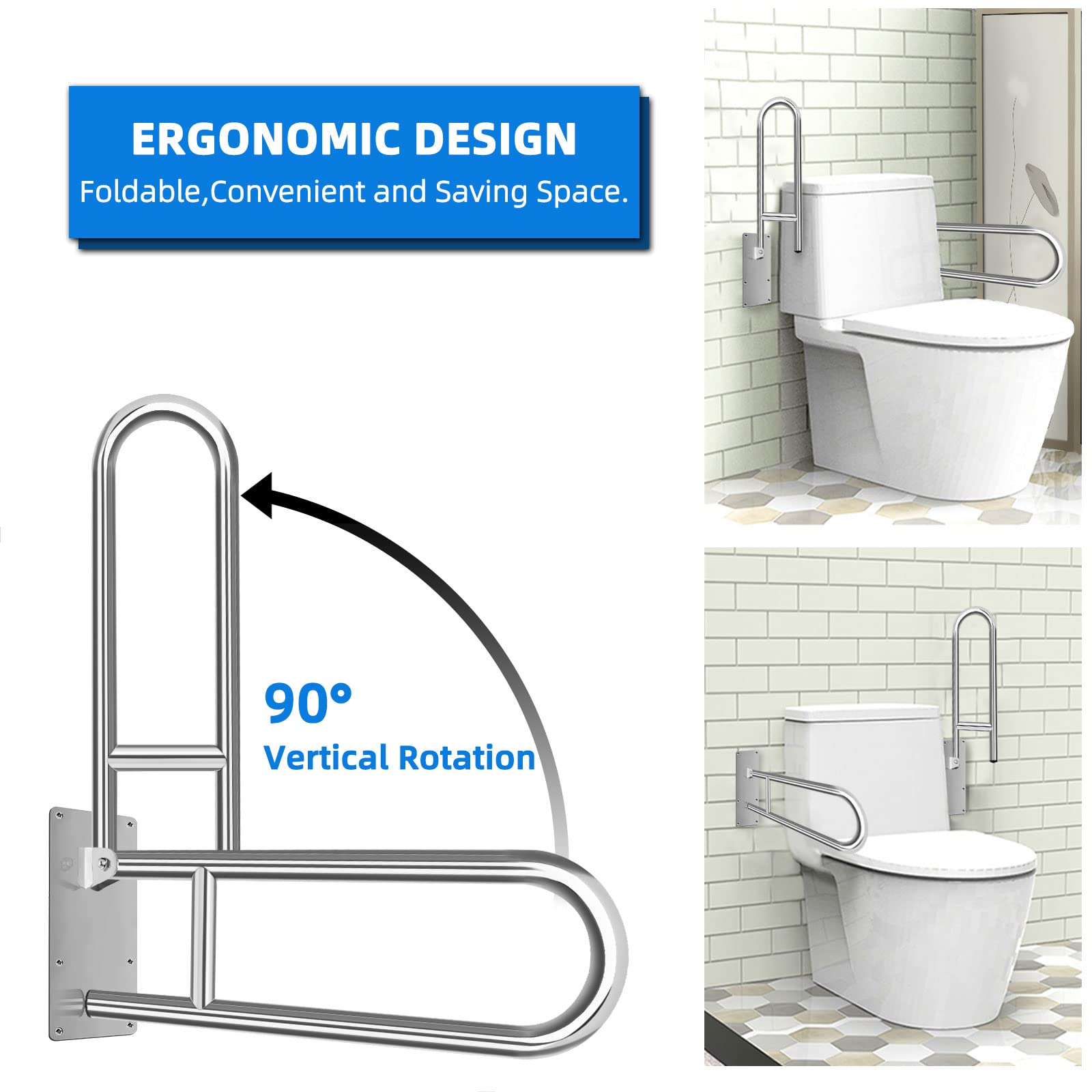24-Inch Flip-Up Bathroom Grab Bar,Toilet Support Assist Rails,Shower Handle, Toilet Safety Rail, Bath and Shower Grab Bars, Handicap Grab Bars for Elderly Pregnant Disabled