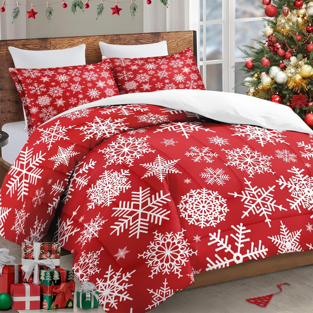 WeCozy Queen Size Comforter Set with 2 Pillowcases, Christmas Gray Cute Santa Snowman Soft 3 Pcs Bedding Set for Kids and Adults Bedroom Bed Decor