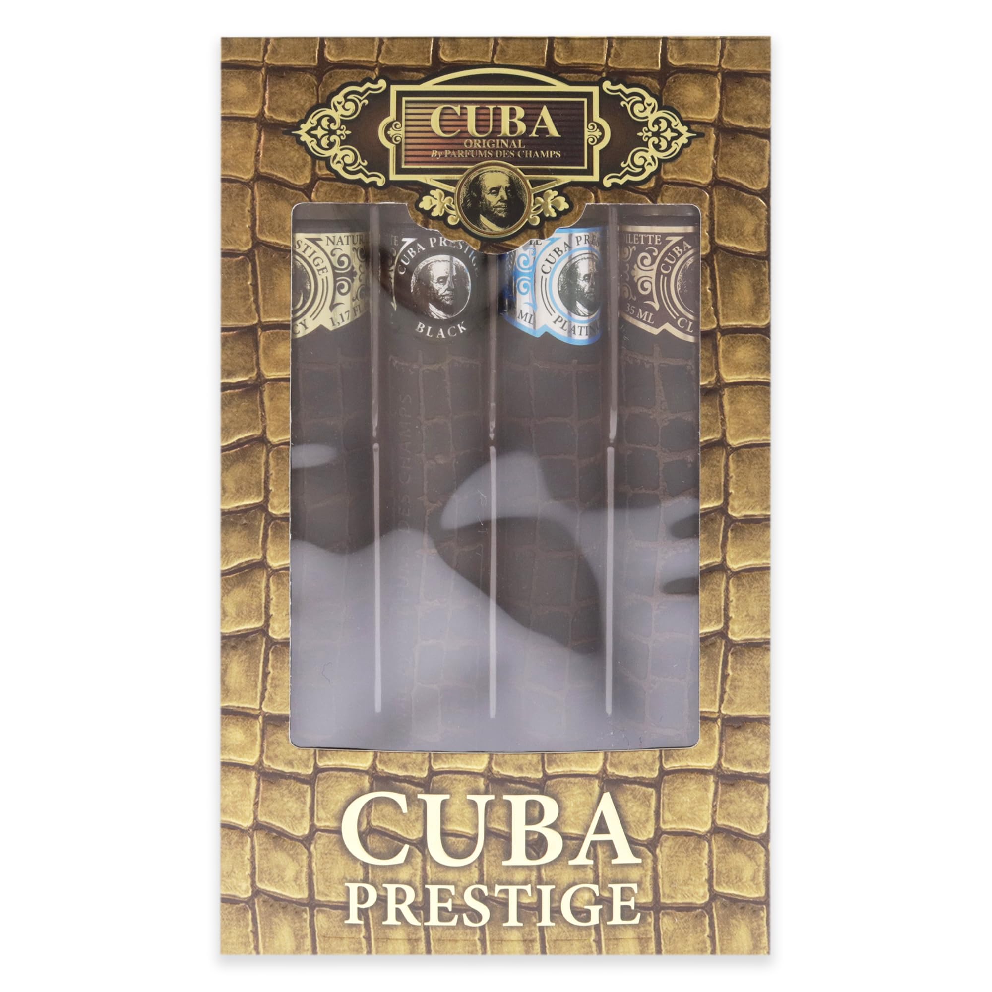 Cuba Prestige Men 1.17oz Classic EDT Spray, 1.17oz Black EDT Spray, 1.17oz Platinum EDT Spray, 1.17oz Legacy EDT Spray 4 Pc Gift Set, (amgcubp4)