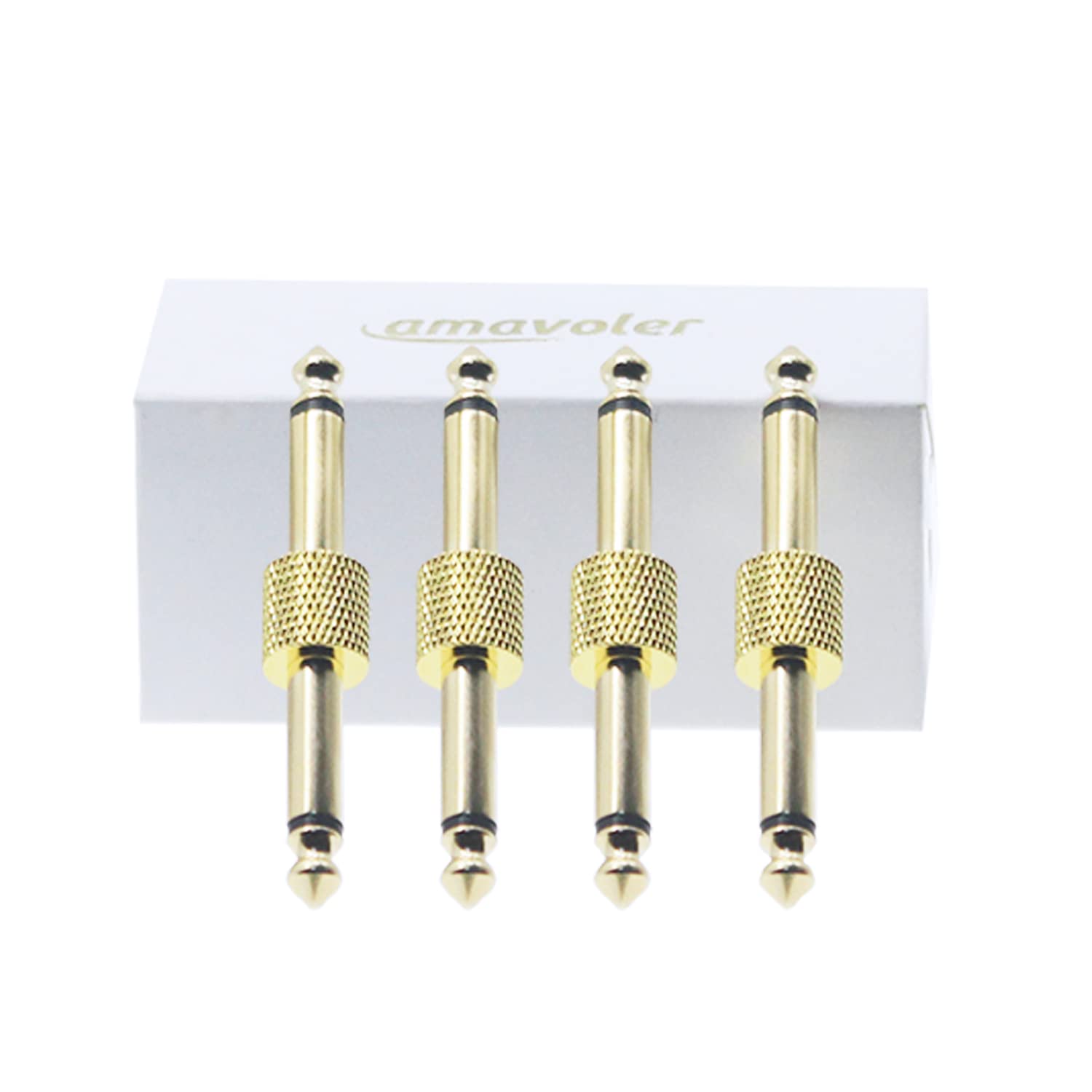Amavoler Professional Guitar Pedal Coupler, 1/4 inch TS Guitar Effects Pedal to Pedal Connector Straight Type (4 Pack) (Gold)
