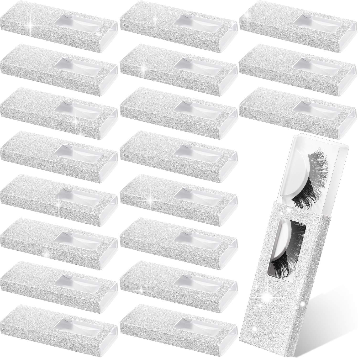 50 Pieces False Eyelash Packaging Box Empty Eyelash Case Glitter Paper Eyelash Storage Box False Lashes Holder Box with Lash Tray for Women Girls Makeup False Eyelashes Care 22mm (Silver)