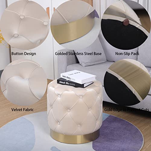 Modern Velvet Round Tufted Ottoman Button Stool with Gold Metal Base β Upholstered Footrest for Bedroom Living Room (Beige4, Large)