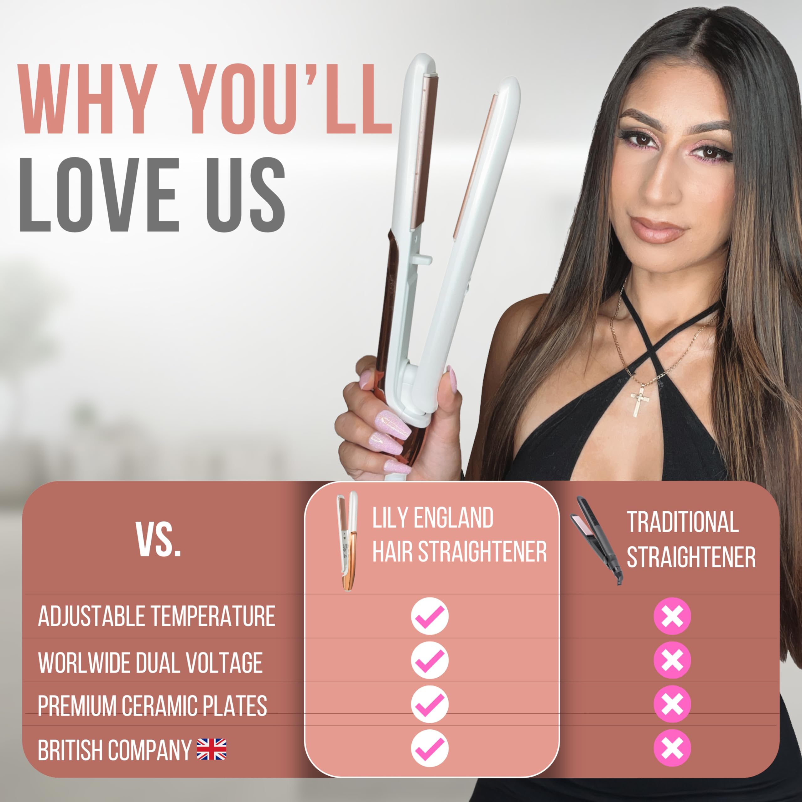Lily England Hair Straightener and Curler, Adjustable Temperature, Dual Voltage 1 Inch Ceramic Rose Gold Flat Iron, Hair Straightener Curling Iron in One
