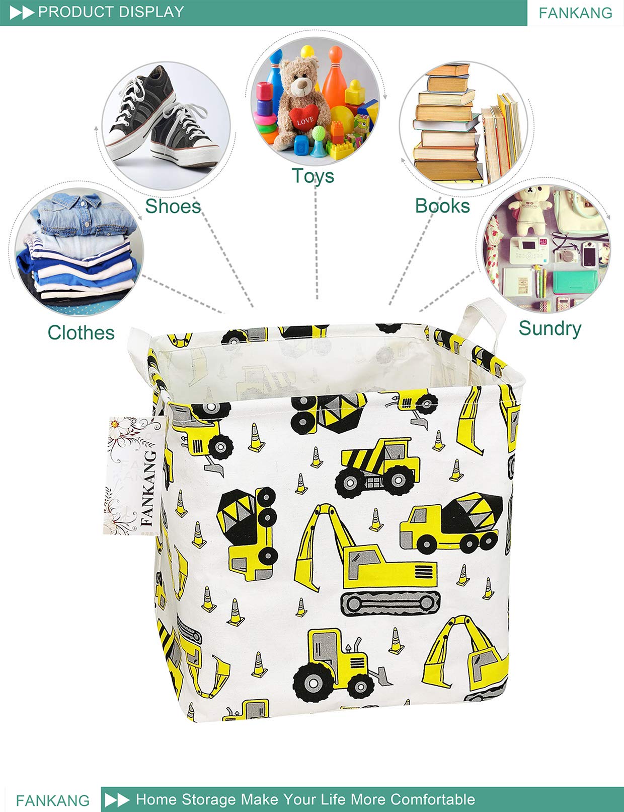 FANKANG Square Nursery Hamper Storage Bins Canvas Laundry Basket Foldable with Waterproof PE Coating Large Storage Baskets Gift Baskets for Children, Office, Bedroom, Clothes,Toys (square engineering)
