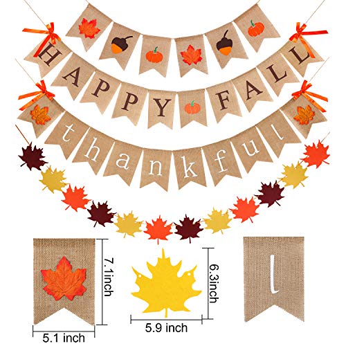 4 Pieces Thanksgiving Fall Decorations Burlap Thankful Banner Happy Fall Banner Pumpkins Maple Leaves Acorn Banner Felt Maple Leaves Garland Banner for Thanksgiving Decorations