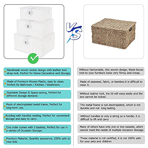Homepeaz Set of 3 Woven Wicker Storage Basket Box with Lid & Lock, Built-in Carry Handles, Multifunctional Storage Organiser for Nursery, Baby, Clothes, Toys, Books, Large/Medium/Small Size (White)