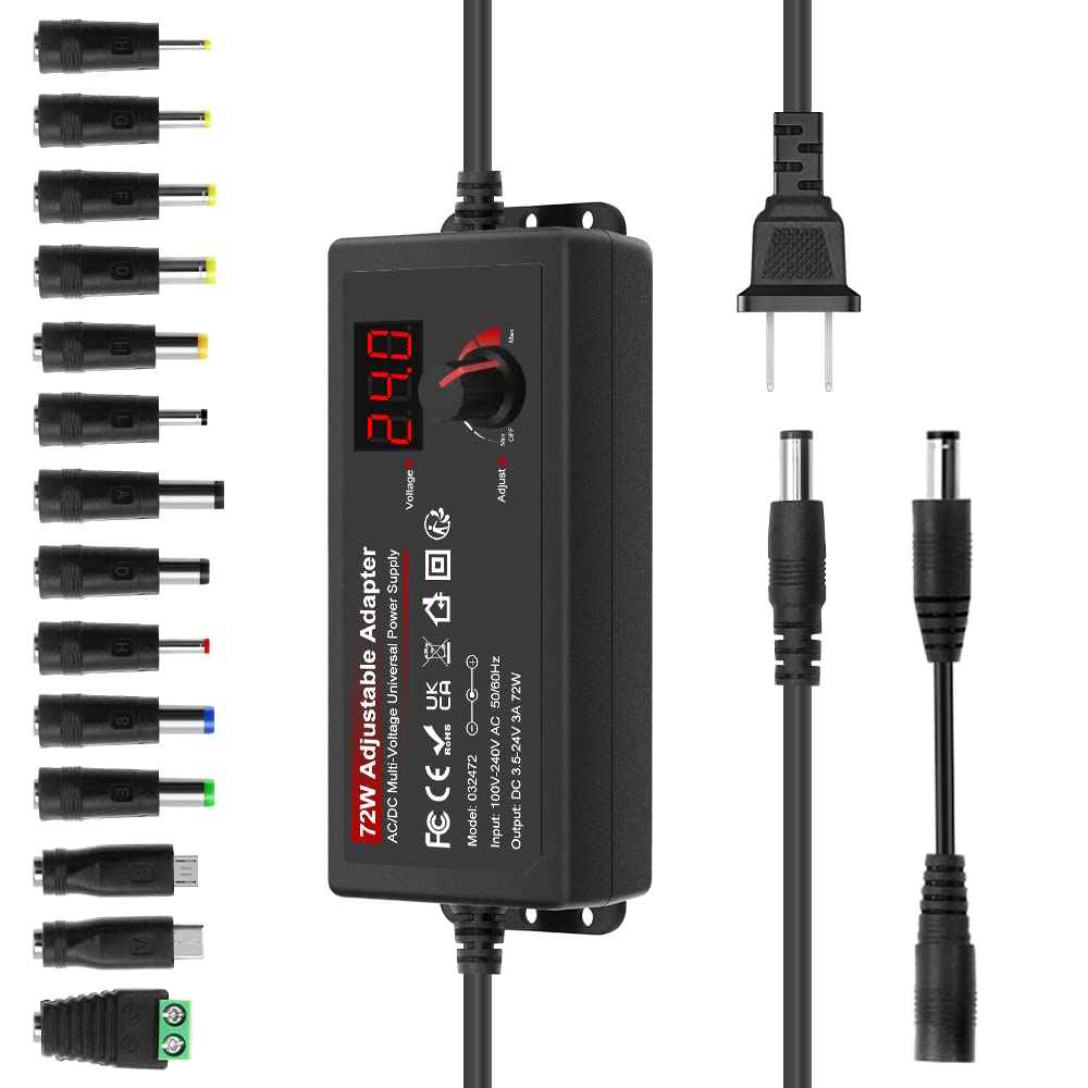 72W Variable Power Supply Adjustable DC 3V ~ 24V 3A Power Supply Adapter 100-240V AC to DC Converter 3-24 Volt 3 Amp Transformer Adjustable, 14 Tips &1 Reverse Polarity Cable