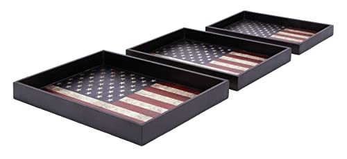 Deco 79 Wood Leather Trays, 21 by 19 by 17-Inch, Navy Blue, Set of 3