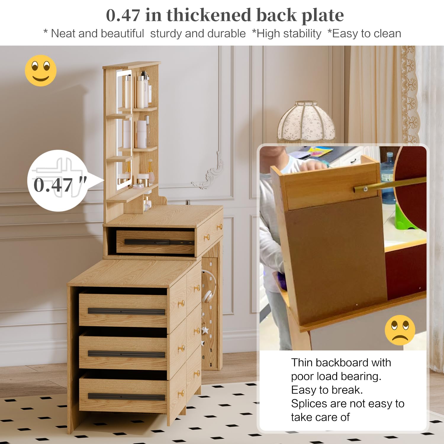 74.8''Makeup Vanity Desk with large mirror and lights&Charging Station,Modern Corner Vanity Table with 8 Storage Drawers and Shelves,Makeup Table for Bedroom,Dressing Table with nightstand,Beige