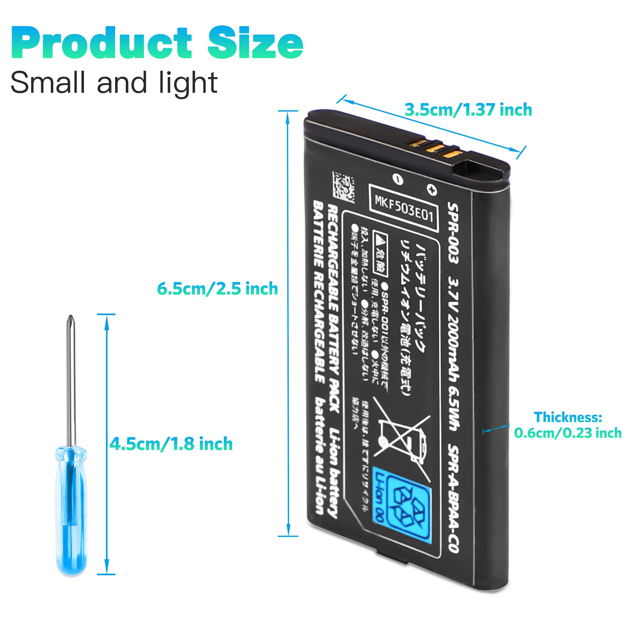 3DS XL Battery Pack, 2000mAh Replacement Rechargeable Lithium-ion Battery + Tool Pack Kit Compatible with Nintendo 3DS XL/New 3DS XL
