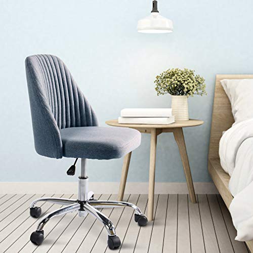 Home Office Desk Chair, Modern Linen Fabric Chair Adjustable Swivel Task Chair Mid-Back Cute Upholstered Armless Computer Chair with Wheels for Bedroom Studying Room Vanity Room (Blue)