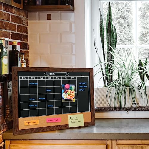 4 THOUGHT Chalkboard Calendar Corkboard Combo, 12" x 16" Small Bulletin Board Magnetic Calendar Chalkboard for Wall Combination Board Monthly Planner Rustic Brown Frame 1 Markers 6 Magnets 4 Pushpins