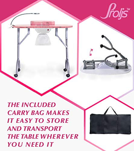 Portable Nail Table for Technician with Folding Function. Manicures Desk Perfect for Both Salon and Home with dust Collector Fan, and Magnifying Glass lamp (Pink)