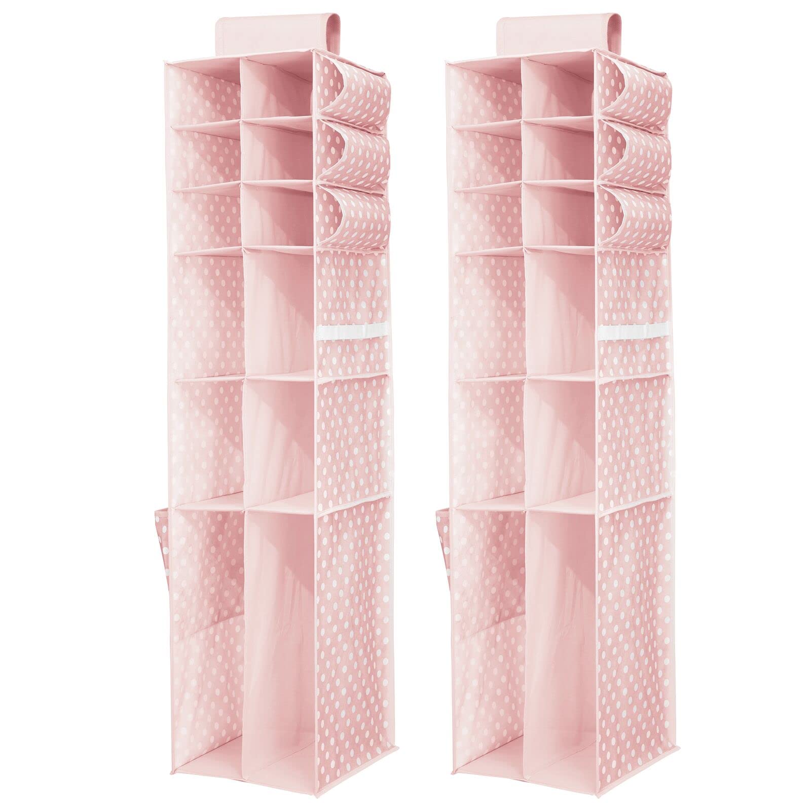 mDesign Long Soft Fabric Over Closet Rod Hanging Storage Organizer with 12 Divided Shelves, Side Pockets for Child/Kids Room or Nursery, Store Diapers, Wipes, Lotions, Toys - 2 Pack - Pink/White
