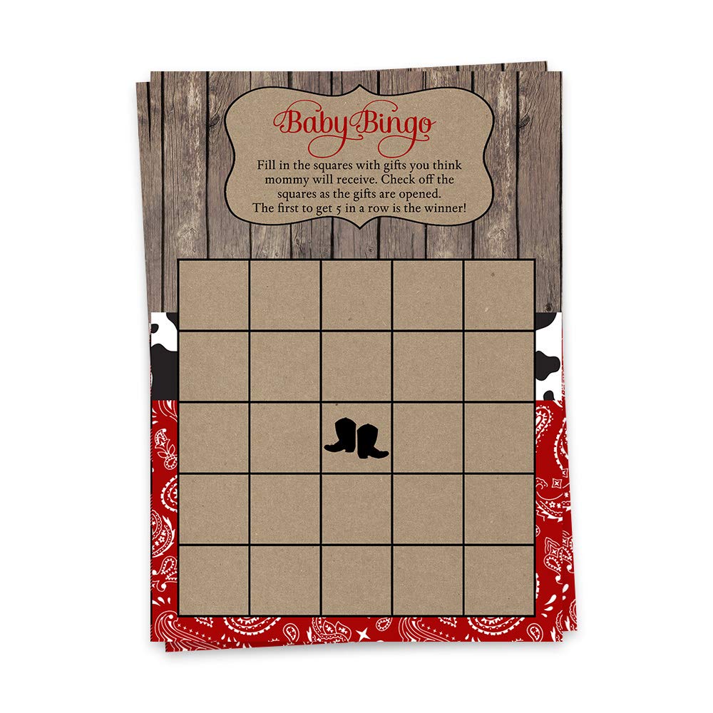 The Invite Lady Cowboy Bingo Cards Baby Shower Boots and Bandanas Boys Red Black Country Barn Paisley Game Shower Games Activities (24 Count)