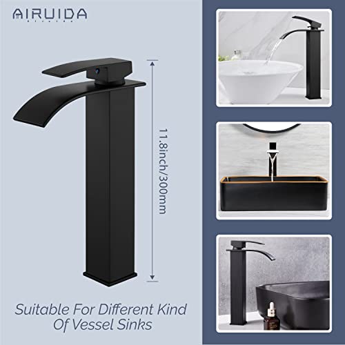 Airuida Vessel Sink Faucet Matte Black, Tall Waterfall Bathroom Faucet, Single Handle One Hole Mixer Bowl Tap with Large Rectangular Spout, Bar Sink Faucet Lavatory Vanity