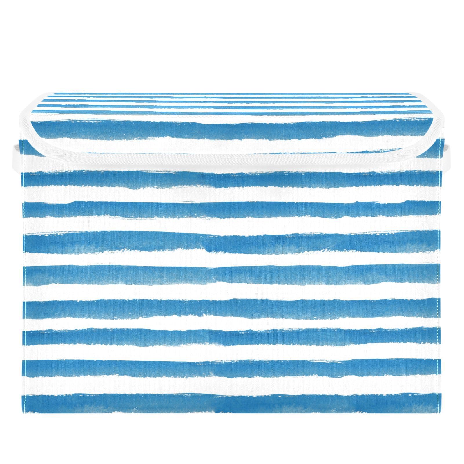 Gredecor Blue-white Stripes Large Storage Basket Bins with Lid Storage Boxes Organizer with Handle 16.5"x12.6"x11.8" Collapsible Storage Cube for Toys Bedroom Nursery Home