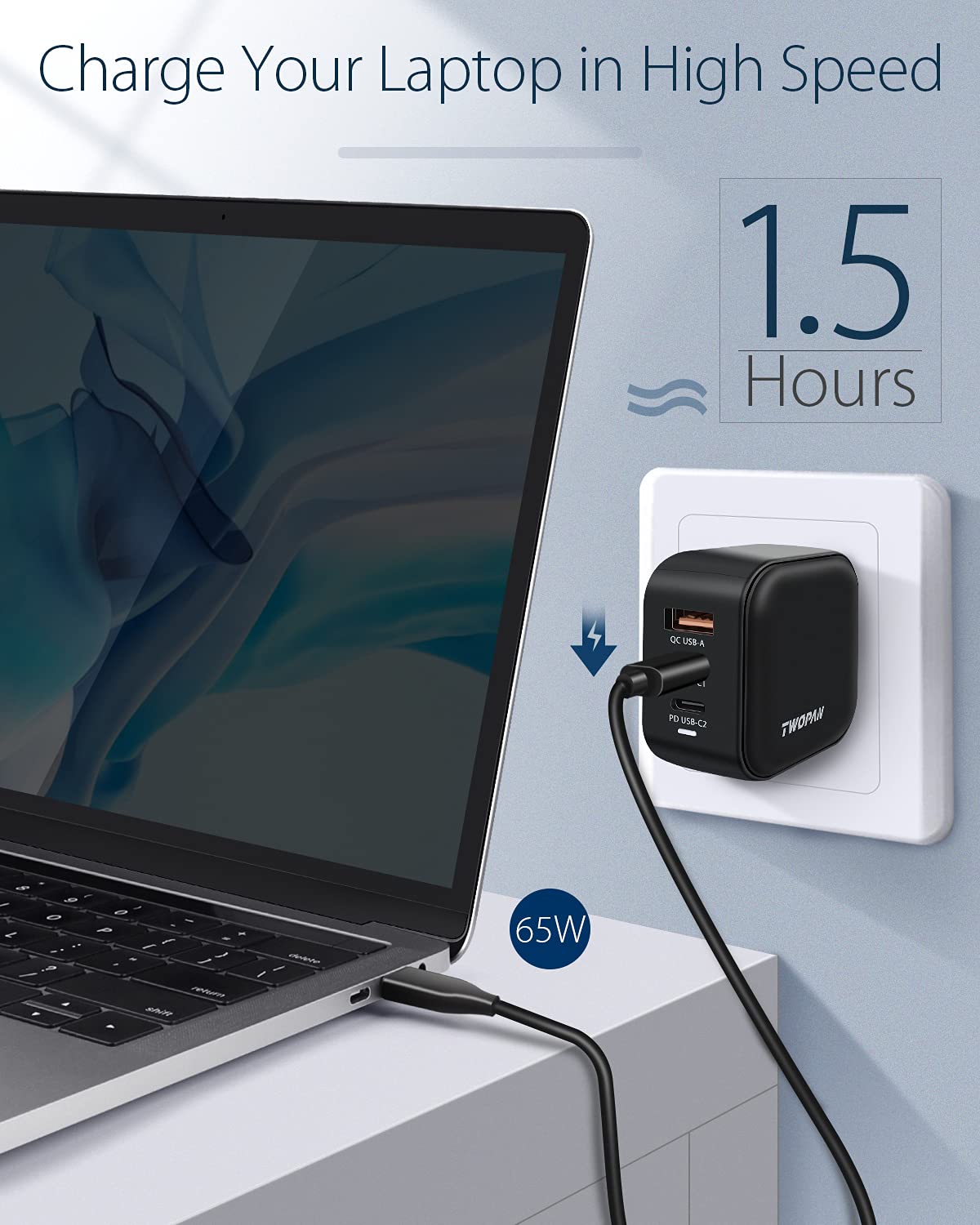 TWOPAN 65W USB C Charger Block, 3-Port Foldable GaN Fast Charger for iPhone 16/15/14, Vision Pro, MacBook, iPad, XPS, Switch, Steam Deck, Galaxy S24/25, Pixel