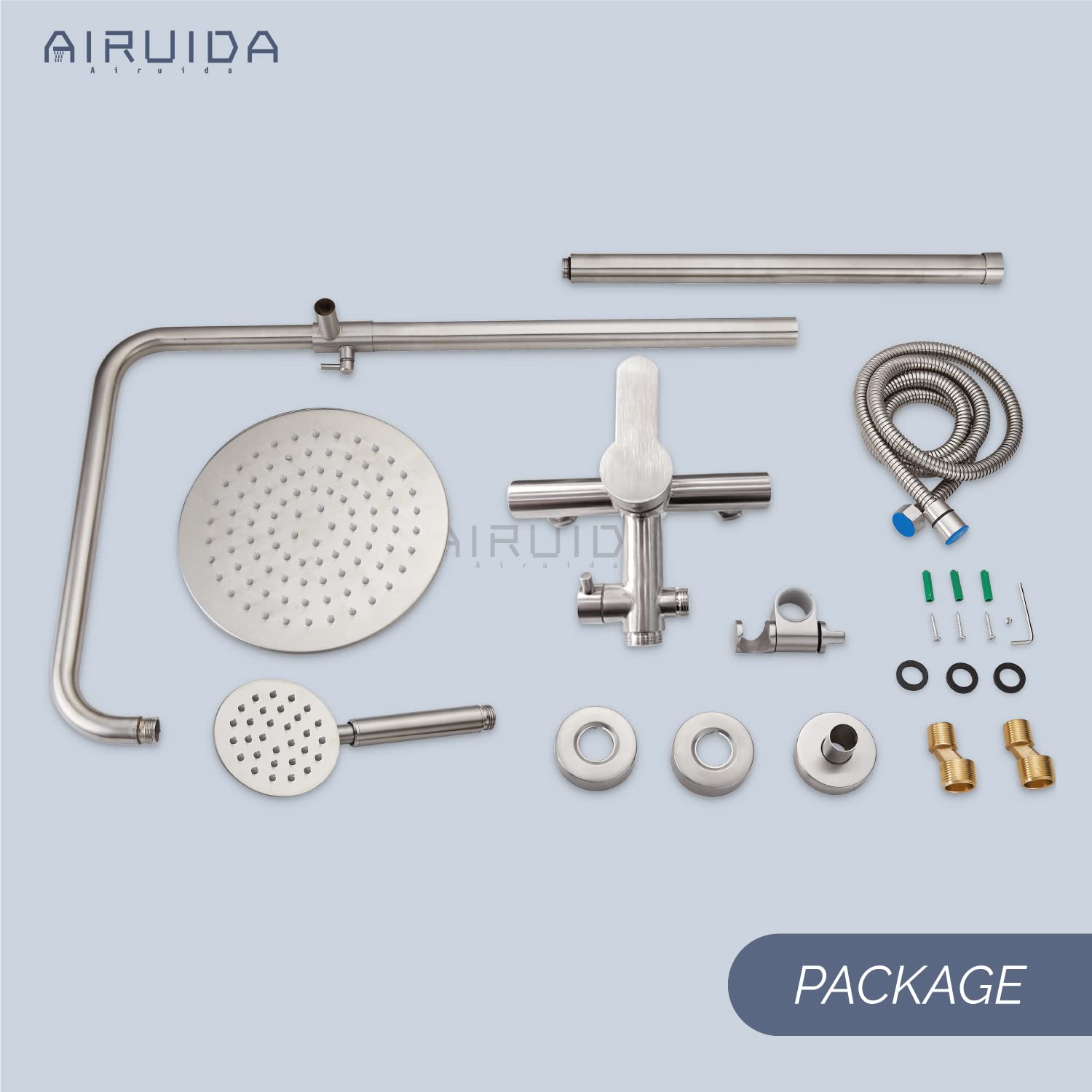 Airuida SUS304 Outdoor Shower Fixture Brushed Nickel Exposed Shower Faucet Combo Set Single Handle 8 Inch Thicken Rainfall Showerhead With Handheld Spray Wall Mount Dual Functions