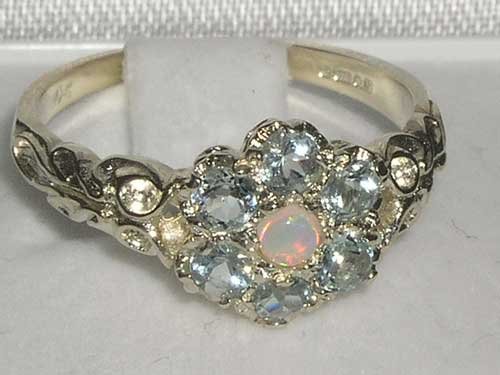 925 Sterling Silver Real Genuine Opal and Aquamarine Womens Anniversary Ring - Size 8
